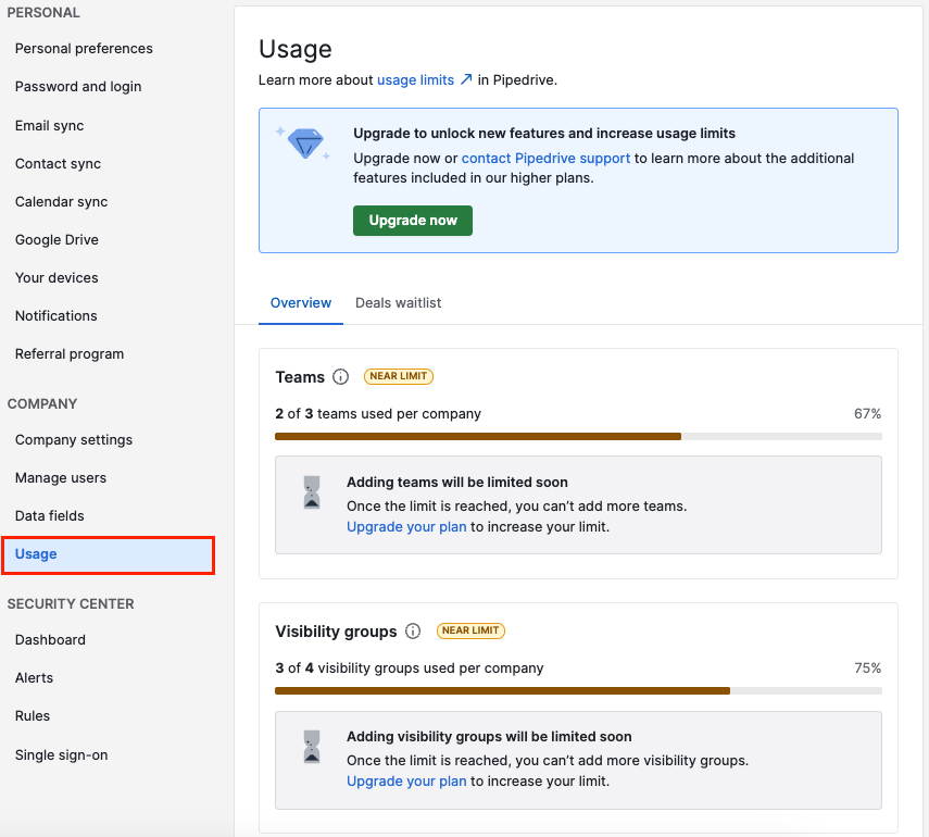 Usage limits in Pipedrive - Knowledge Base | Pipedrive